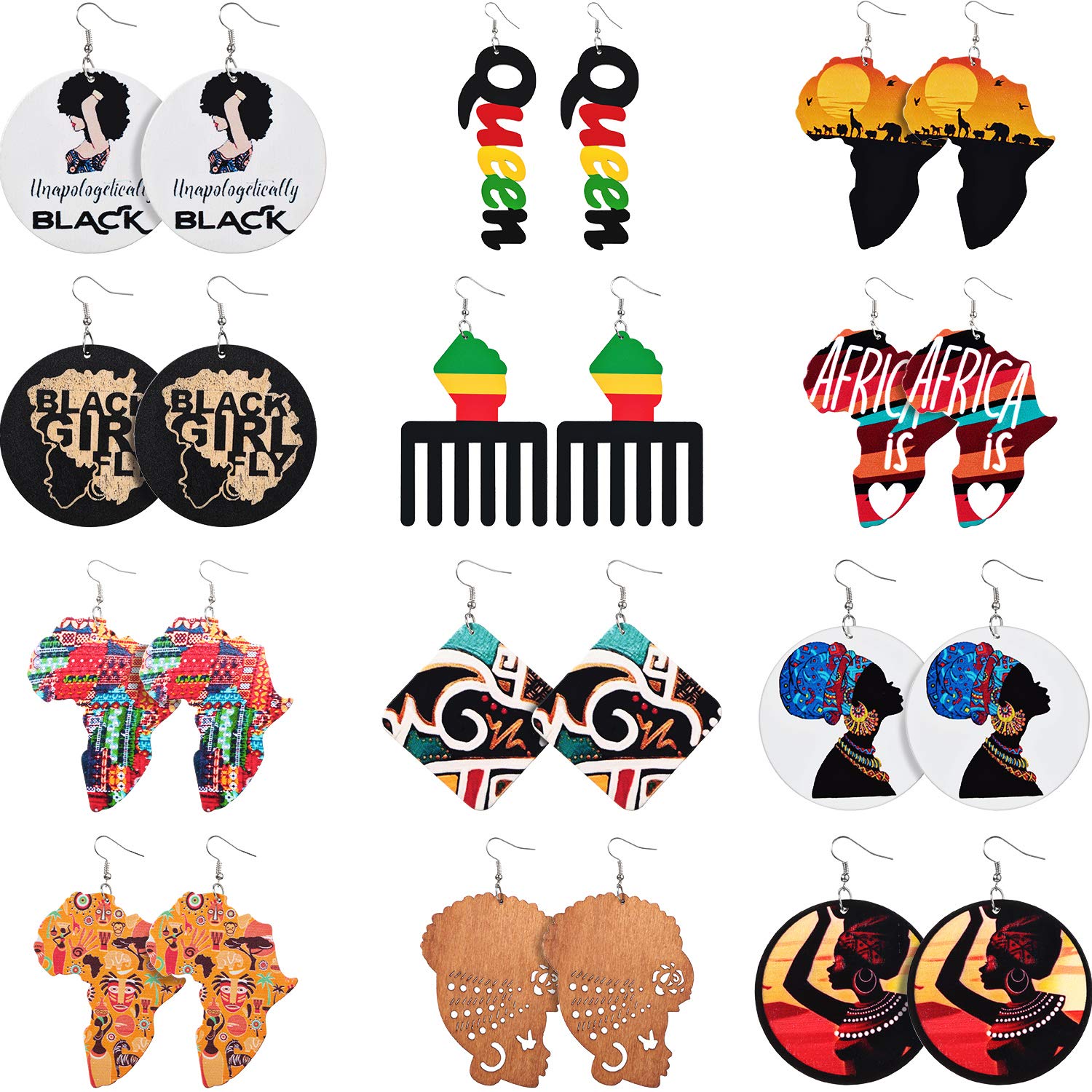 12 Pairs African Map Wooden Earrings African Women Dangle Earrings Natural Ethnic Earrings (Classic Style)