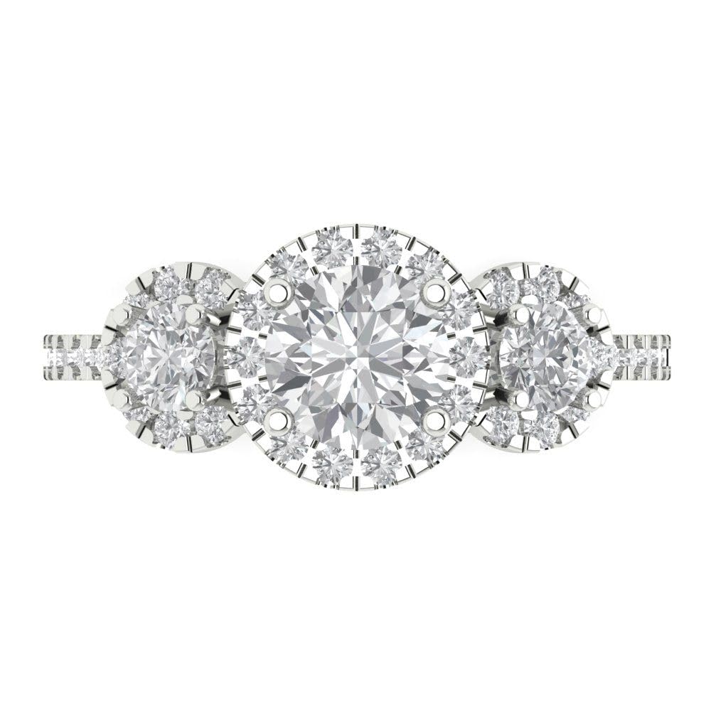 1.79 Ct Brilliant Round Cut Clear Simulated Diamond 14K White Gold Halo Three Stone Engagement Promise Bridal Ring Size 6