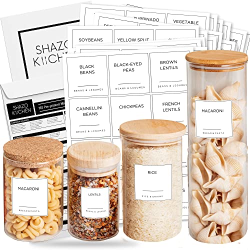 192 Kitchen Pantry Labels for Food Containers, Organize Pantry with Minimalist Preprinted Black Text on White Vinyl Stickers for Jars, Canisters and Storage Bins + Numbers for Pantry Organization