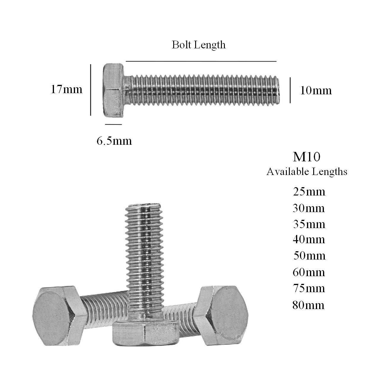 10 x Hex Head Set Screw Bolts M10 x 75mm, Fully Threaded, Bright Zinc Plated