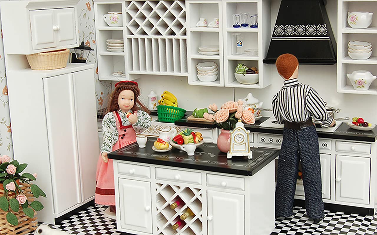 1:12 Scale Mini House Wooden Furniture Miniature Kitchen Cabinet Mini Bar Counter Furniture Set (White and Black)