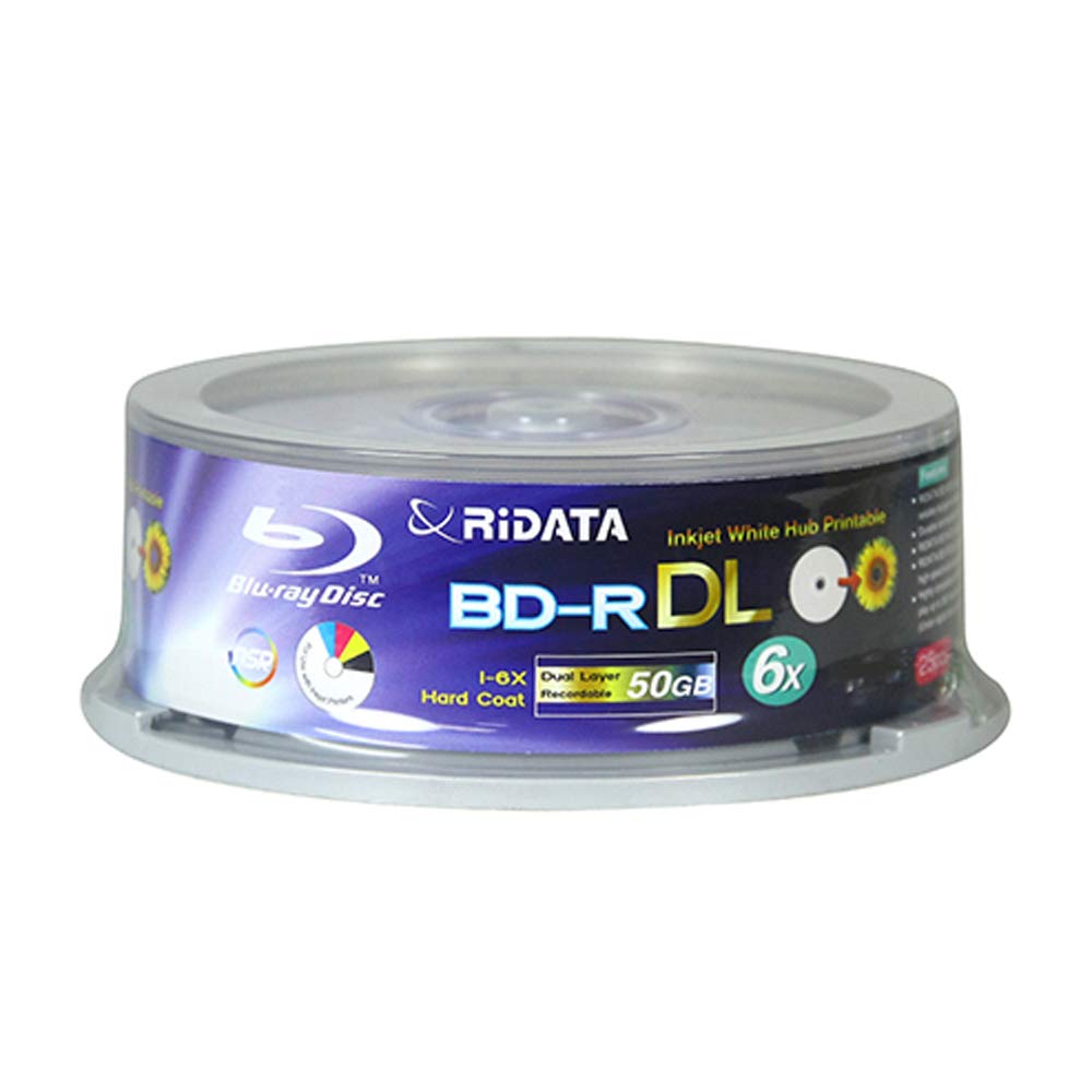 100 Pack Ridata Blu-ray BD-R DL Dual Layer 6X 50GB White Inkjet Hub Printable Recordable Blank Media Disc with Spindle Packing