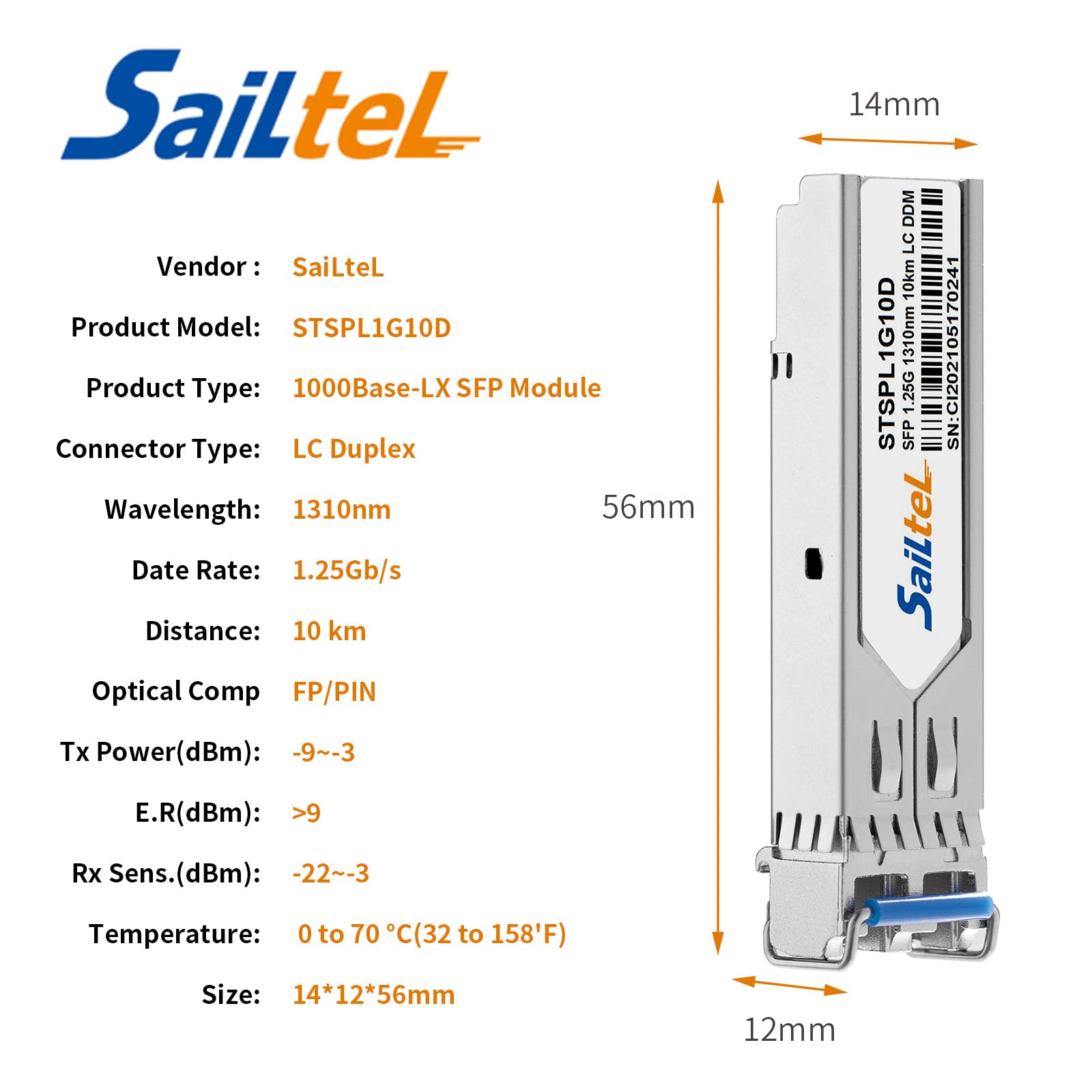 1.25 Gigabit Single Mode LC Duplex Transceiver,1000Base-LX Dual Fiber SFP Module,1310nm SMF, up to 10 km,DDM,Compatible with Cisco, Ubiquiti, Mikrotik,Netgear, Dlink and More (10Pack)