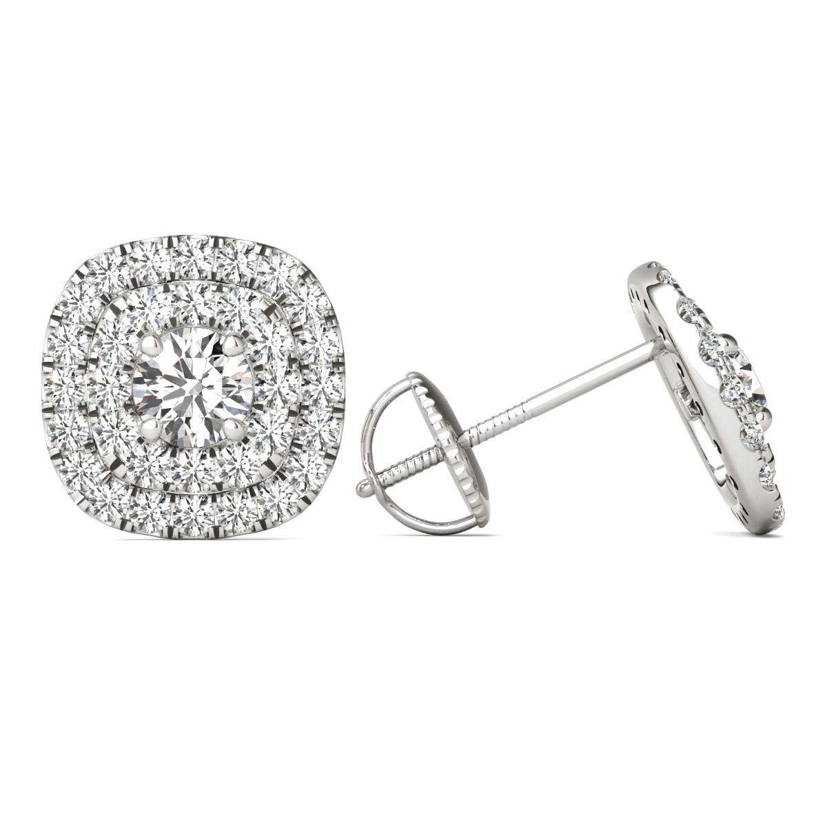 1.00 Ctw EF/SI2-I1 AGS Certified 14K White Gold Natural Diamonds Double Halo Earrings Screw Backs