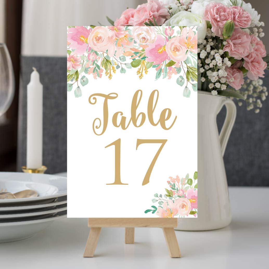 1-25 Navy Blush Floral Table Number Double Sided Signs For Wedding Reception, Restaurant, Birthday Event, Calligraphy Printed Numbered Card Centerpiece Decoration Setting Reusable Frame Stand 4x6 Size