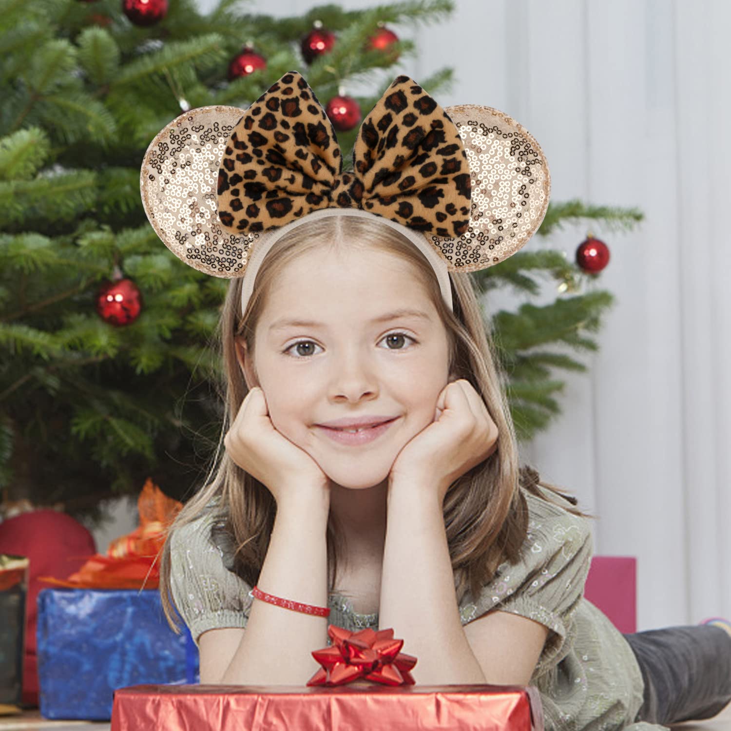 1 Pcs Mouse Ears Headband and 1 Pcs Mouse Ears Scrunchies with Bow Hairs Accessories for Girls Women Boys Birthday Party (Leopard)
