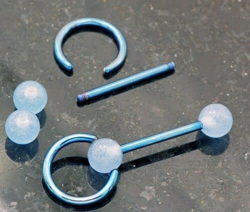 1 Pc Blue Titanium Anodized Barbell with Glow in The Dark Slave Tongue Ring 14g