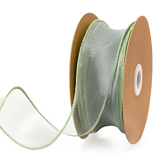 1.5 Inch Sheer Organza Ribbon Seagrass Green Wavy Knot Wired Ribbon 25 Yards for Gift Wrapping, Bouquet Wrapping,Craft,Christmas-Birthday-Wedding-Party Decoration (1.5 inch, Seagrass Green)