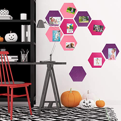 21 Pieces Pin Board Hexagon Felt Board Tiles Bulletin Board Memo Board Notice Board with 40 Pieces Push Pins for Home Office Classroom Wall Decor 5.9 x 7 Inches/ 15 x 17.7 cm (Rose Red, Purple, Pink)