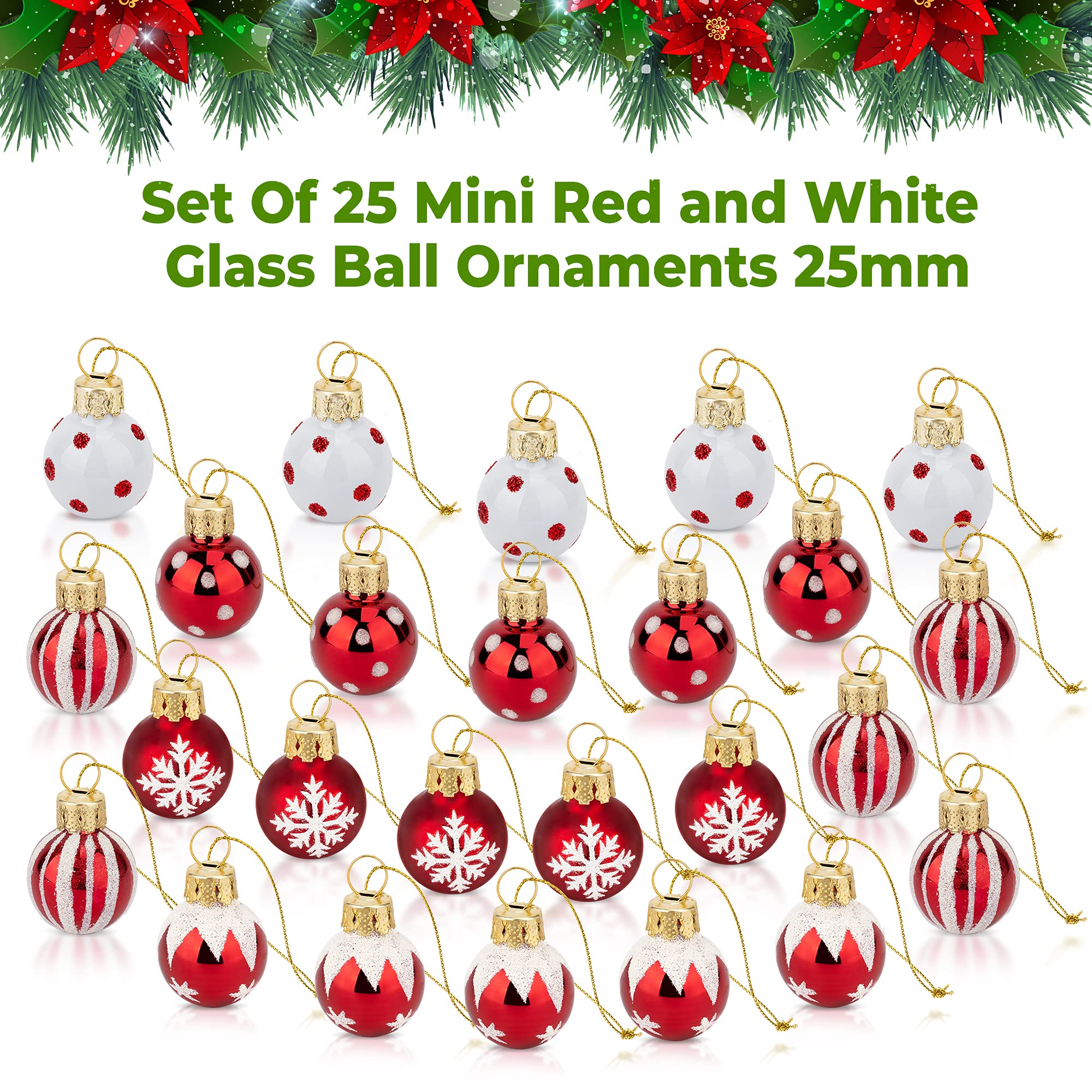 1 Inch Mini Red & White Peppermint Glass Ball Christmas Ornaments Set of 25 Balls | Miniature Christmas Tree Ornaments | Rustic Christmas Decorations | Mini Christmas Tree Decorations for Small Trees