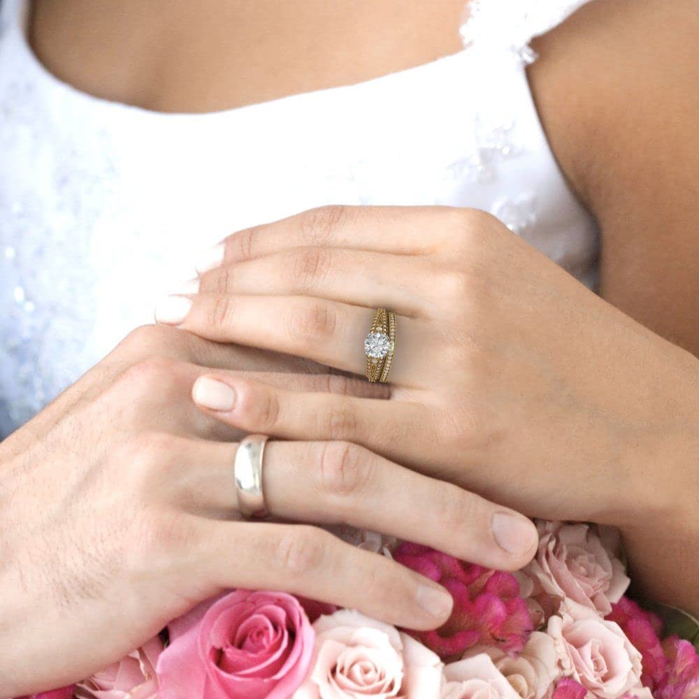 1.99 ct Round Cut Clear Simulated Diamond 14k Yellow White Gold Solitaire W/Accents Wedding Bridal Ring Band Set Sz 9