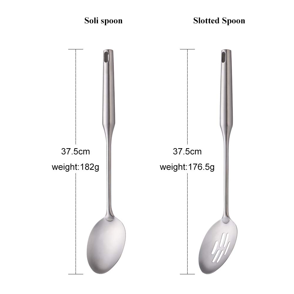 1 Solid Spoon 1 Slotted Spoon Stainless Steel, BUY&USE 2 Pcs Durable Cooking Utensil, 15 Inches Long Handle Serving Spoon