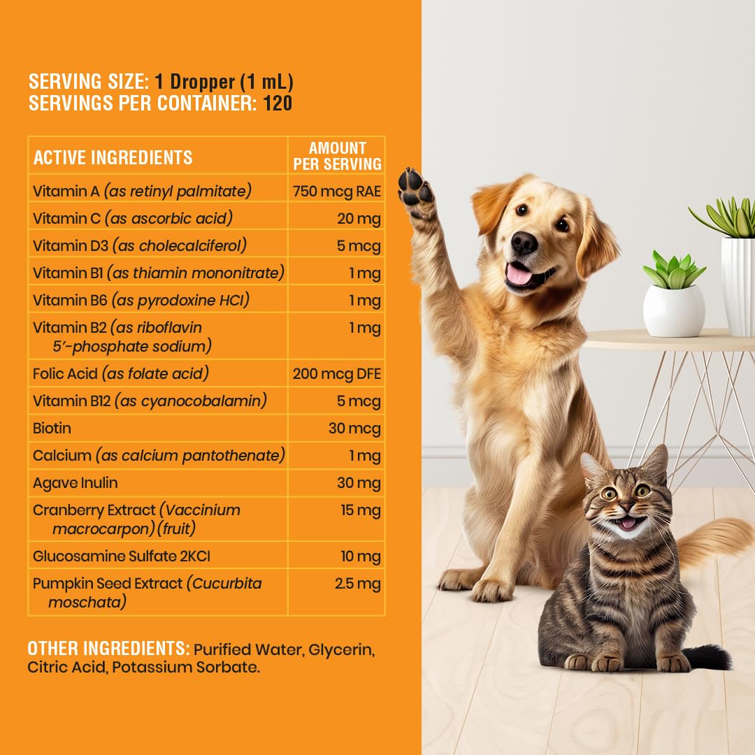 10-in-1 Liquid Multivitamin for Dogs and Cats, 4 Ounce Multi Vitamin Supplement, Vitamin for Dogs, Vitamins for Cats, with Glucosamine & Cranberry, 4 oz