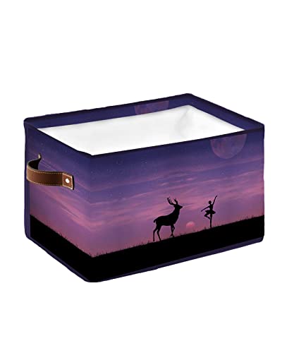 1 Pack Forest Deer Cube Storage Organizer Bins with Handles,Collapsible Canvas Cloth Fabric Storage Basket,Wild Purple Starry Sky Sunset Dancing Women Books Kids' Toys Bin Boxes for Shelves,Closet