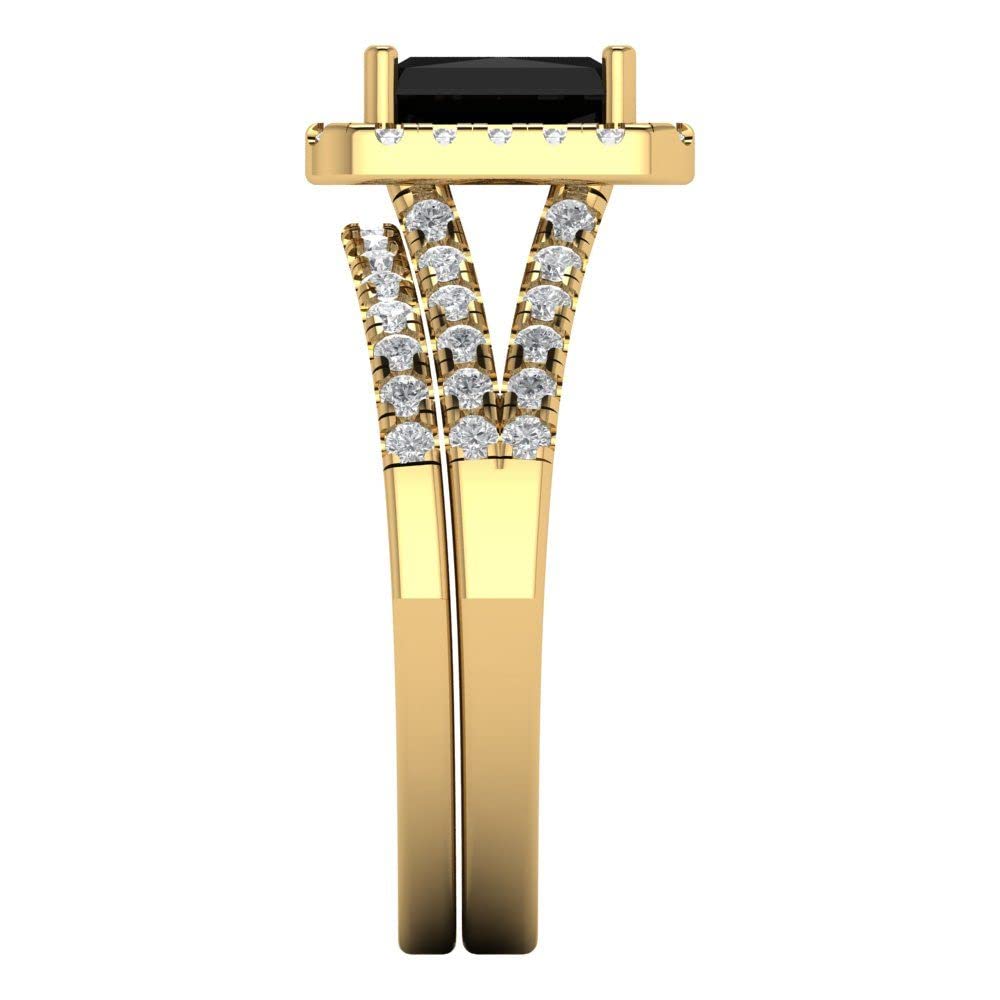 1.54 carat Emerald Cut Halo Solitaire Natural Black Onyx Wedding Anniversary Bridal Ring band set 14k Yellow Gold 9