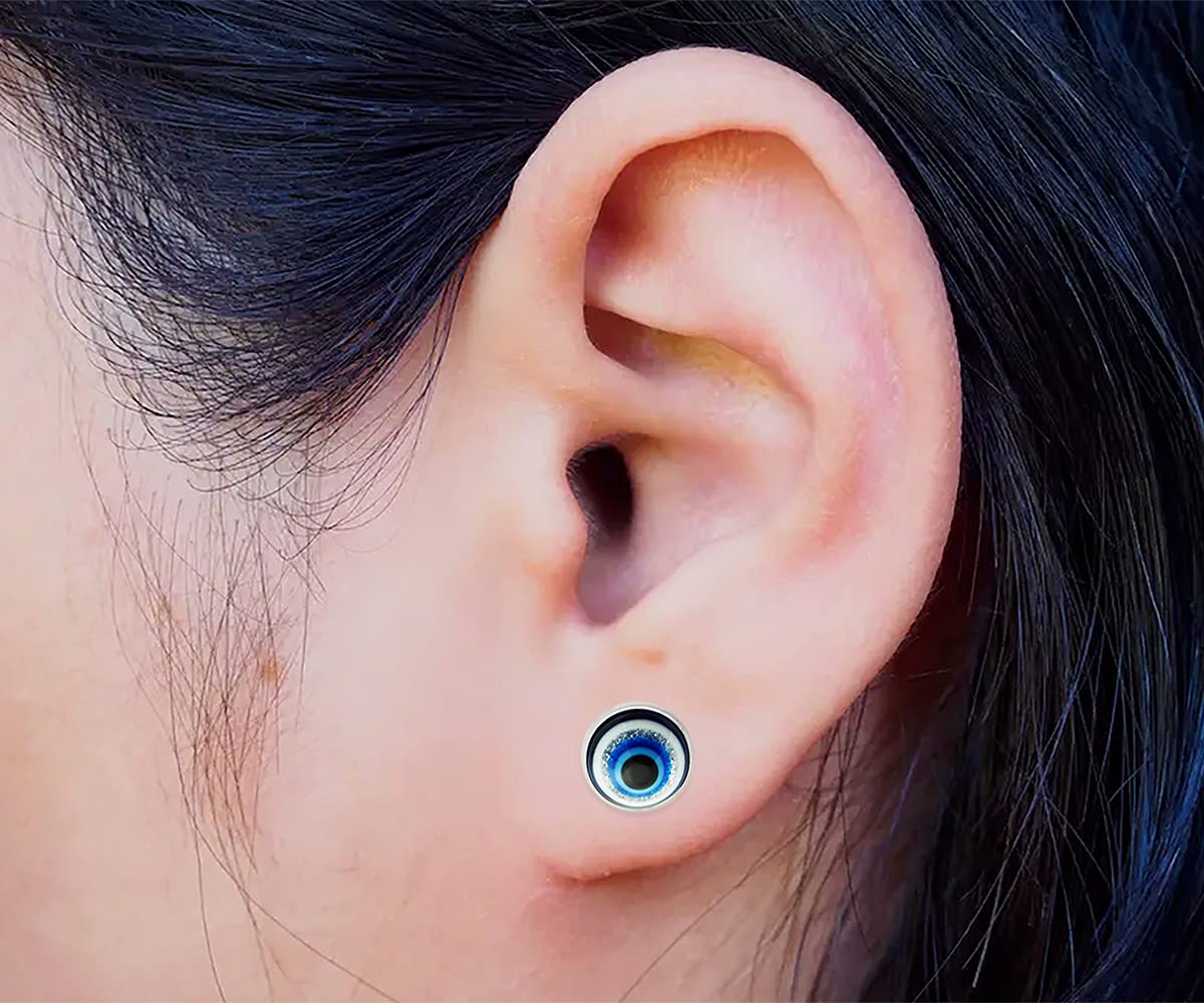 1 Piece of 9/16 Inch - 14mm Glittering Blue Evil Eye 316L Surgical Steel Flesh Tunnel Ear Gauge Piercing