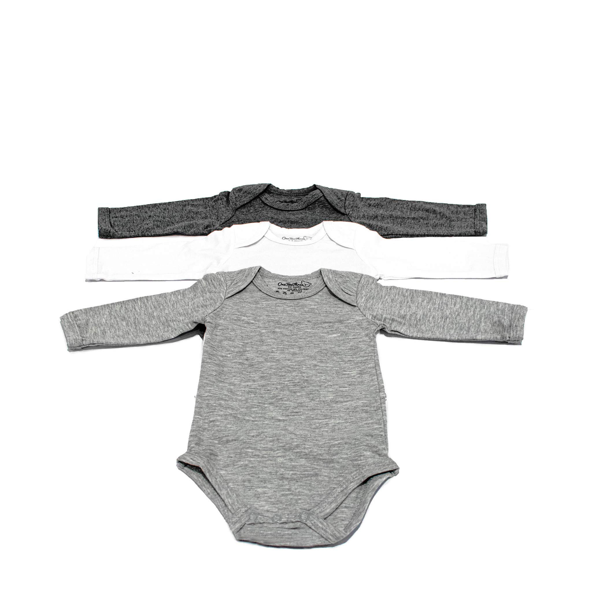 123 Bear Baby Cotton Spandex Long-Sleeve bodysuits unisex boy girl (Gray 3pk, 0-3 Months)