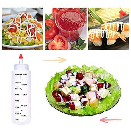 12 Pack 8oz/240ml Plastic Squeeze Bottles,Scale Plastic Squirt Bottle,Polyethylene Durable Plastic with Red Tip Cap and Black Scale for Ketchup,Sauces,Syrup,Dressings,BBQ,Crafts and More