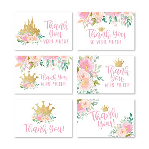 24 Floral Princess Baby Shower Thank You Cards With Envelopes, Kids Thank-You Note, 4x6 Gratitude Card Gift For Guest Pack For Party, Birthday for Girl Children, Cute Pink Royal Queen Event Stationery