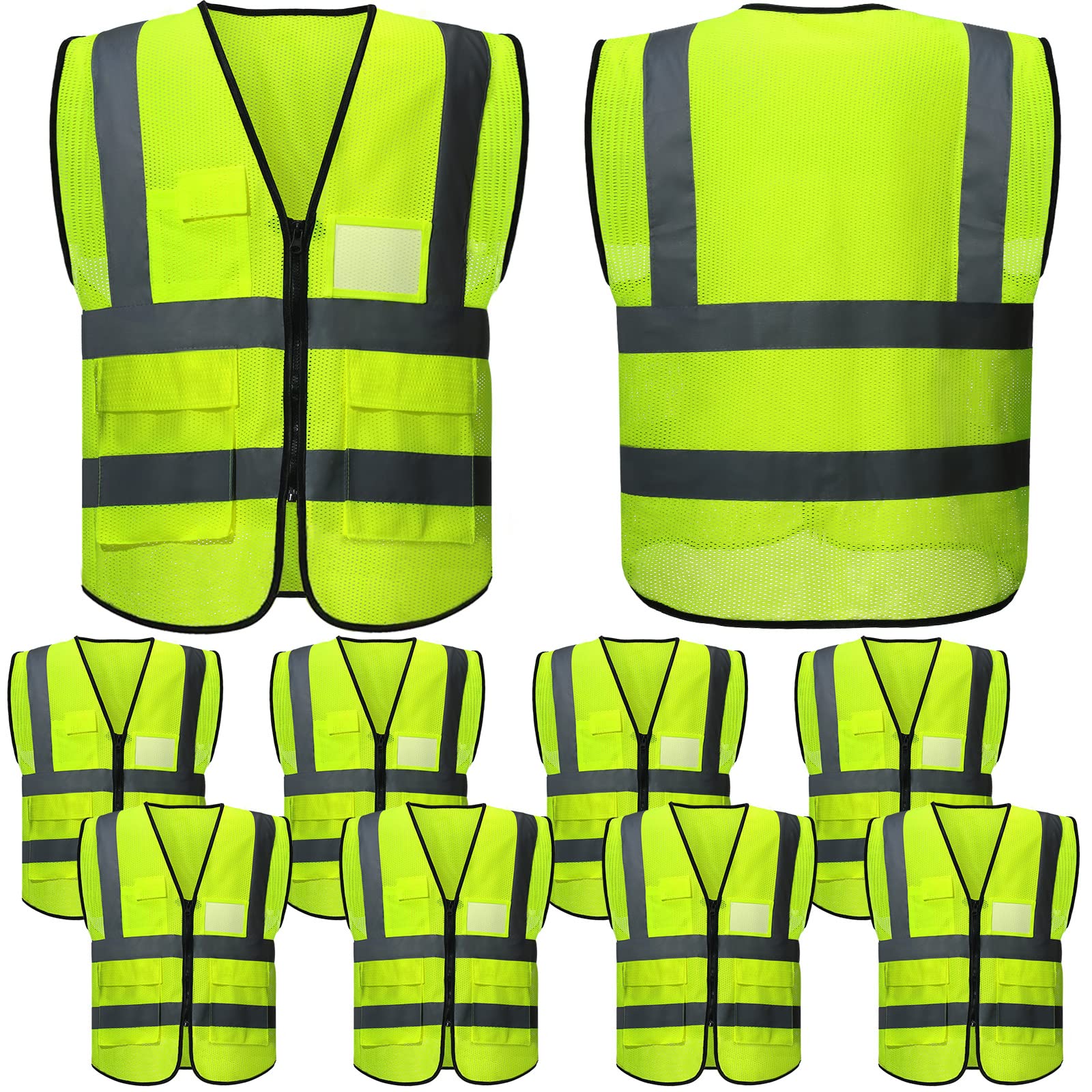10 Pack Reflective Safety Vests with Pockets and Zipper, High Visibility Mesh Construction Vest for Men Women, Breathable Neon Working Vest for Outdoor Running Cycling Walking at Night One Size