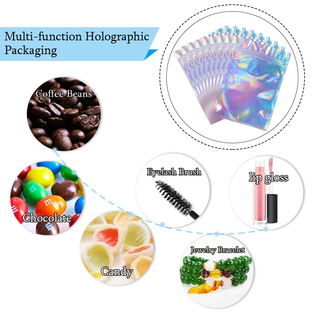 100pcs Resealable Holographic Mylar Bags 5.5x7.8 inch, Foil Zip Sample Pouch Gift Baggies For Packaging Candy Jewelry Lash Lip Gloss
