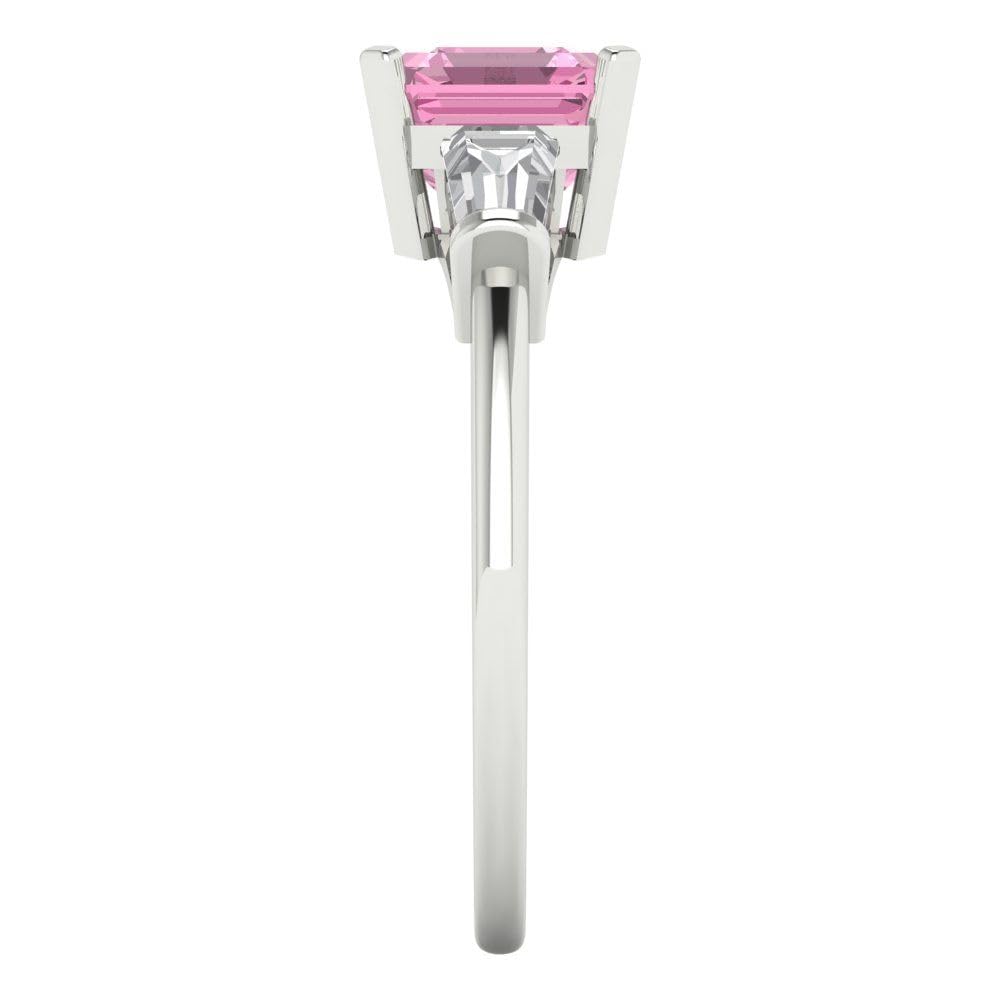 1.62ct SQ Emerald cut 3 stone Solitaire Pink Simulated Diamond Designer Anniversary Bridal Engagement Ring 14k White Gold 6