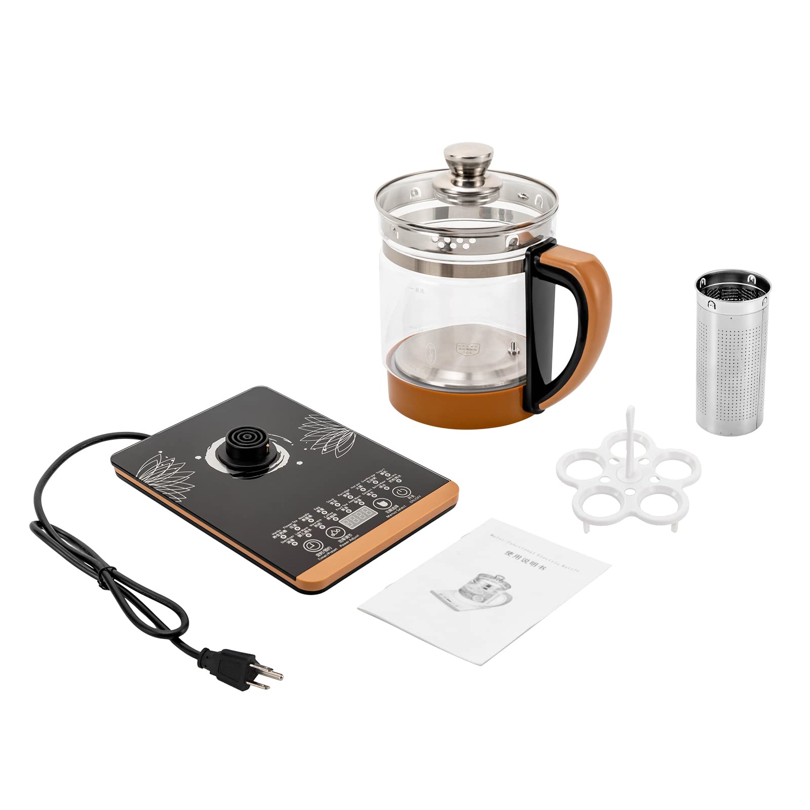 1.8L 800W Electric Glass Kettle with Digital Panel Heating Base, 1* Stainless Steel Tea Strainer, 1* Steamed Eggs Holder, 12 Common Tea Brewing Modes, Clear, Brown