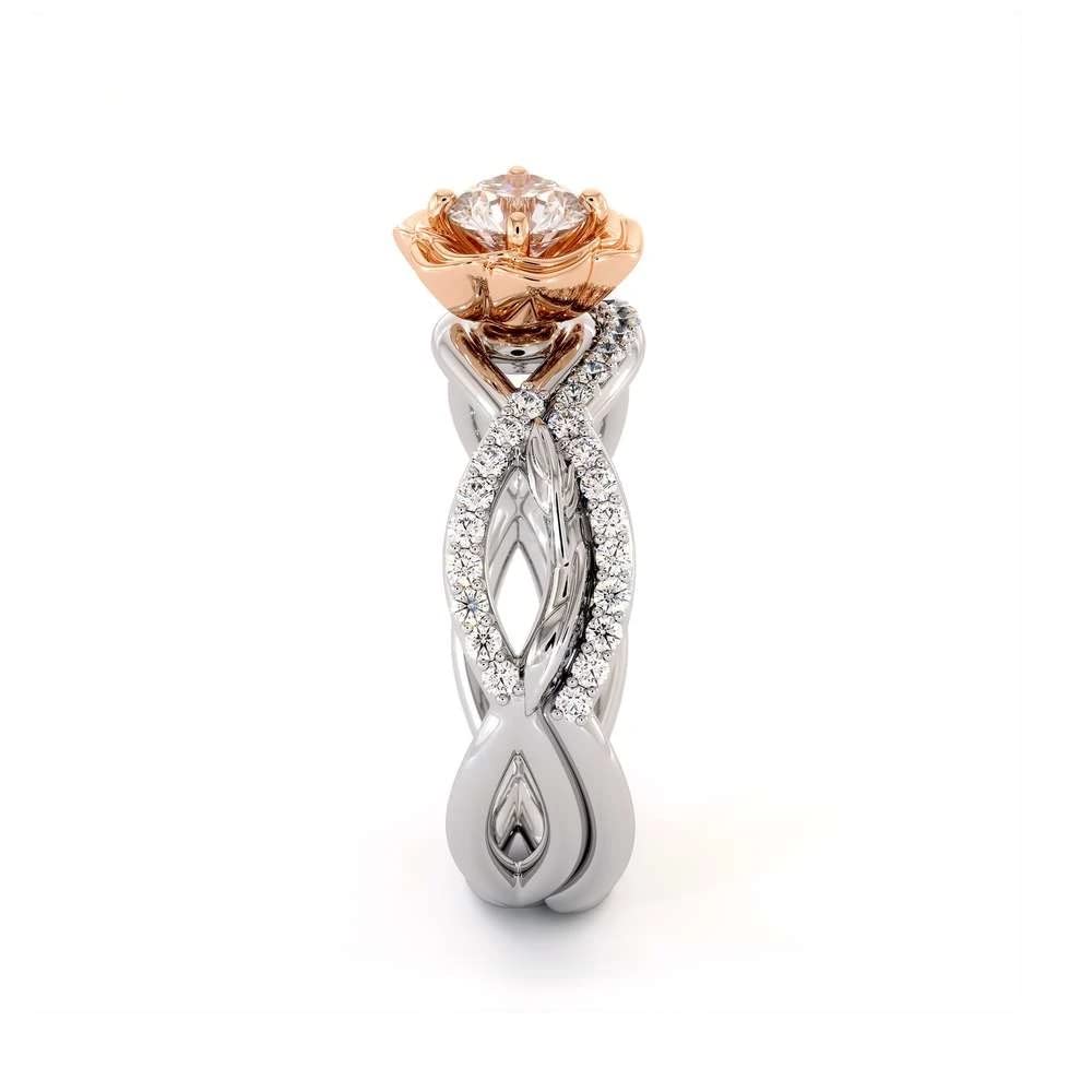 1.8 Ct Round Cut White Diamonds Flower Leaf Twisted Band Two Tone Bridal Wedding Ring Set, 925 Sterling Silver Rhodium Plated (7, Two Tone Finish)