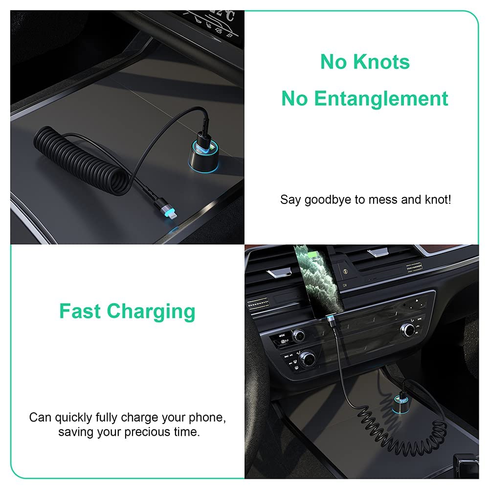 1.8M/6Ft USB iPhone Coiled Lightning Charging Cable for CarPlay,Apple Fast Charging Cord Sync USB Data Spring LED Retractable Charger Adapter Connector for iOS/iPhone 12/11/SE/Xs/Xr/8/7/6/iPad/iPod