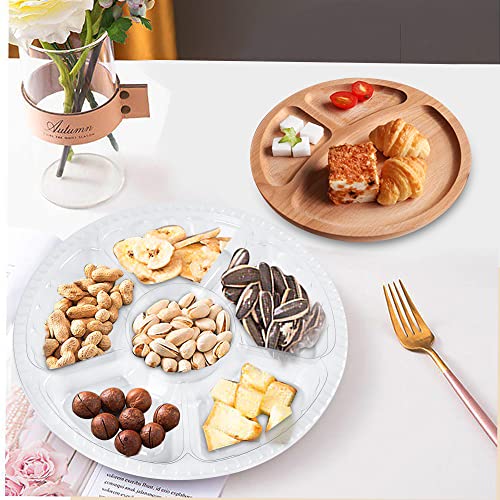 10 Pack Round Appetizer Serving Trays with Lids, 10 Inch Clear Plastic Veggie Fruit Snack Vegetable Food Serving Platters, Disposable Compartments 6 Sectional Catering Trays for Party and Buffet