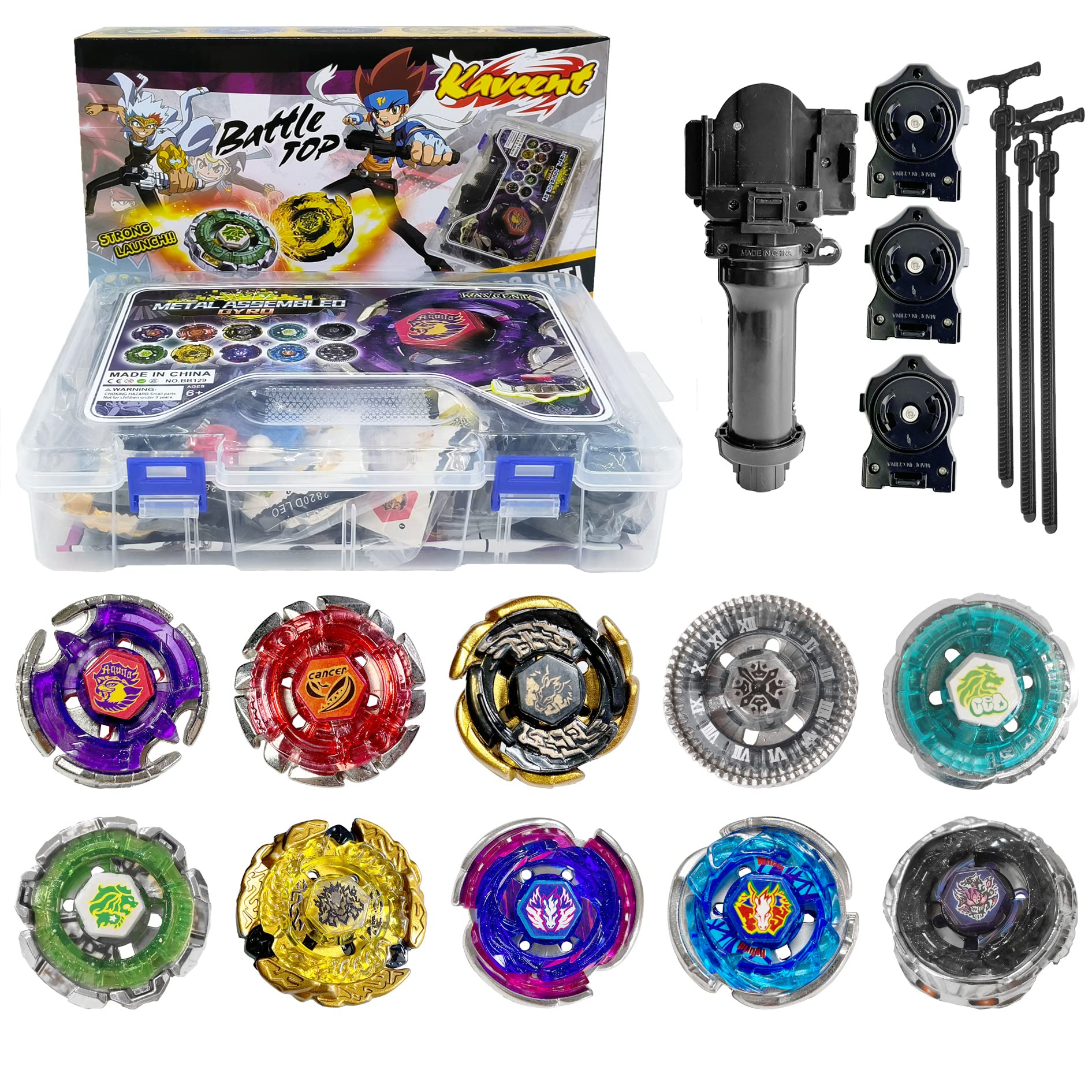 10 Pack Bey Burst Battle Metal Fusion Fury Evolution Pegasus Set with 3 Launcher Set and 1 Grip Toys for Boys Prime Masters