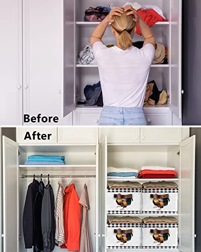 1 PC Large Storage Basket Bins Waterproof Fabric, Black Rooster Rectangular Storage Box for Shelf Closet Organizer Farm Buffalo Plaid White Check