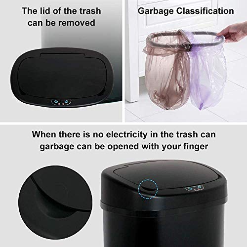 13 Gallon Touch Free Automatic Stainless Steel Trash Can Garbage Can Metal Trash Bin with Lid for Kitchen Living Room Office Bathroom, Electronic Touchless Motion Sensor Automatic Trash Can Black