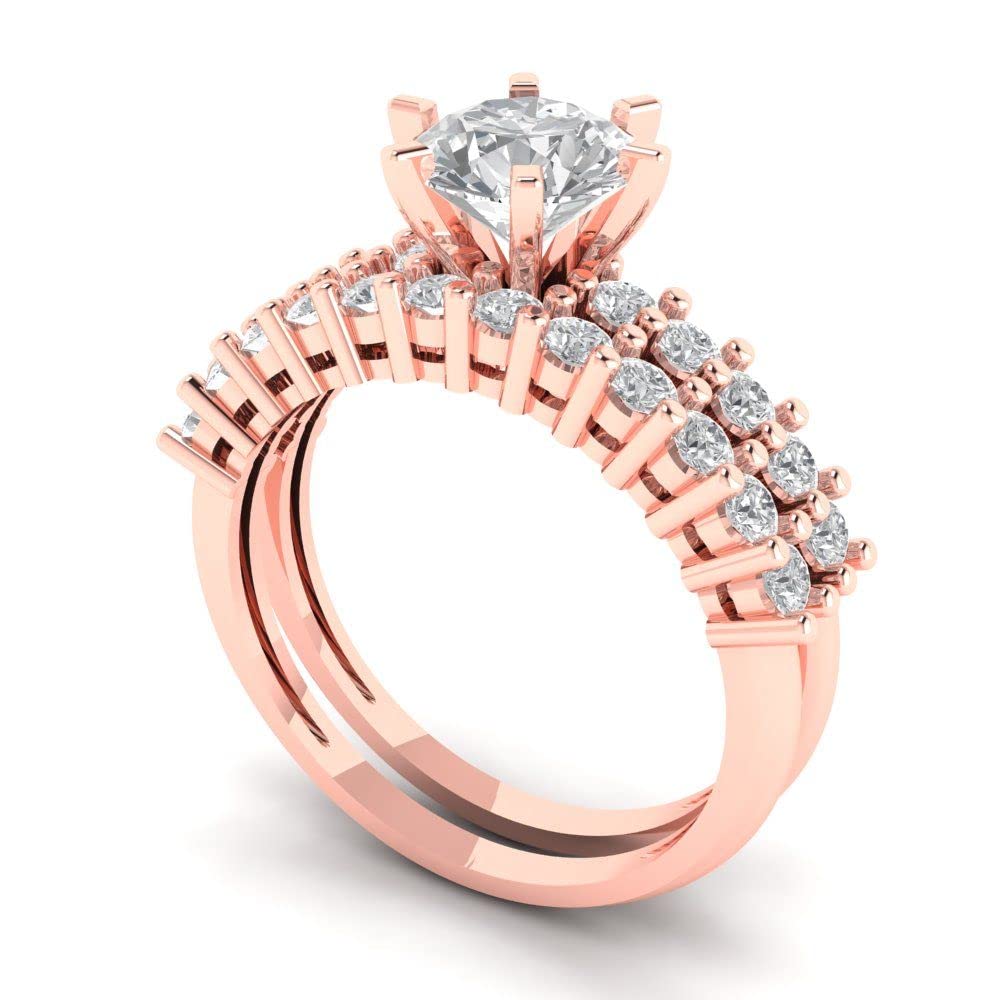 1.66 ct Round Cut Clear Simulated Diamond 14k Rose Gold Solitaire W/Accents Wedding Engagement Bridal Ring Band Set Sz 7