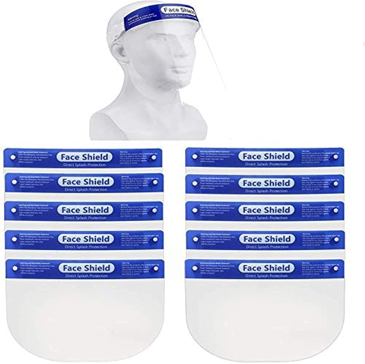 10 Pack Safety Face Shield, All-Round Protection Headband with Clear Anti-Fog Lens, Lightweight Transparent Shield with Stretchy Elastic Band (10)