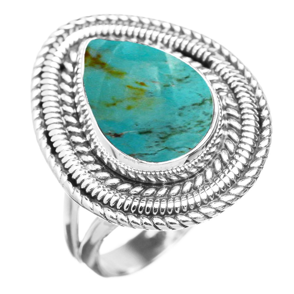 1.95ctw, Genuine Turquoise 7x10mm Oval & .925 Silver Plated Handmade Fashion Ring (Size-9)