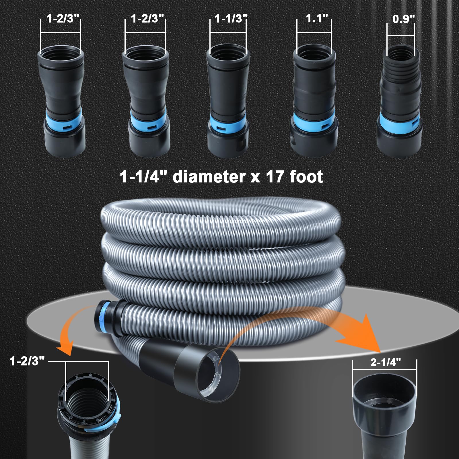 1-1/4 Inch x 12 Feet Vacumn Hose Adapter Kit for Home and Shop Vacuum System, Expanded Power Tool and Sander Dust Collection Hose Kit, Quickly Switch Tools, Fits Multi-Brands