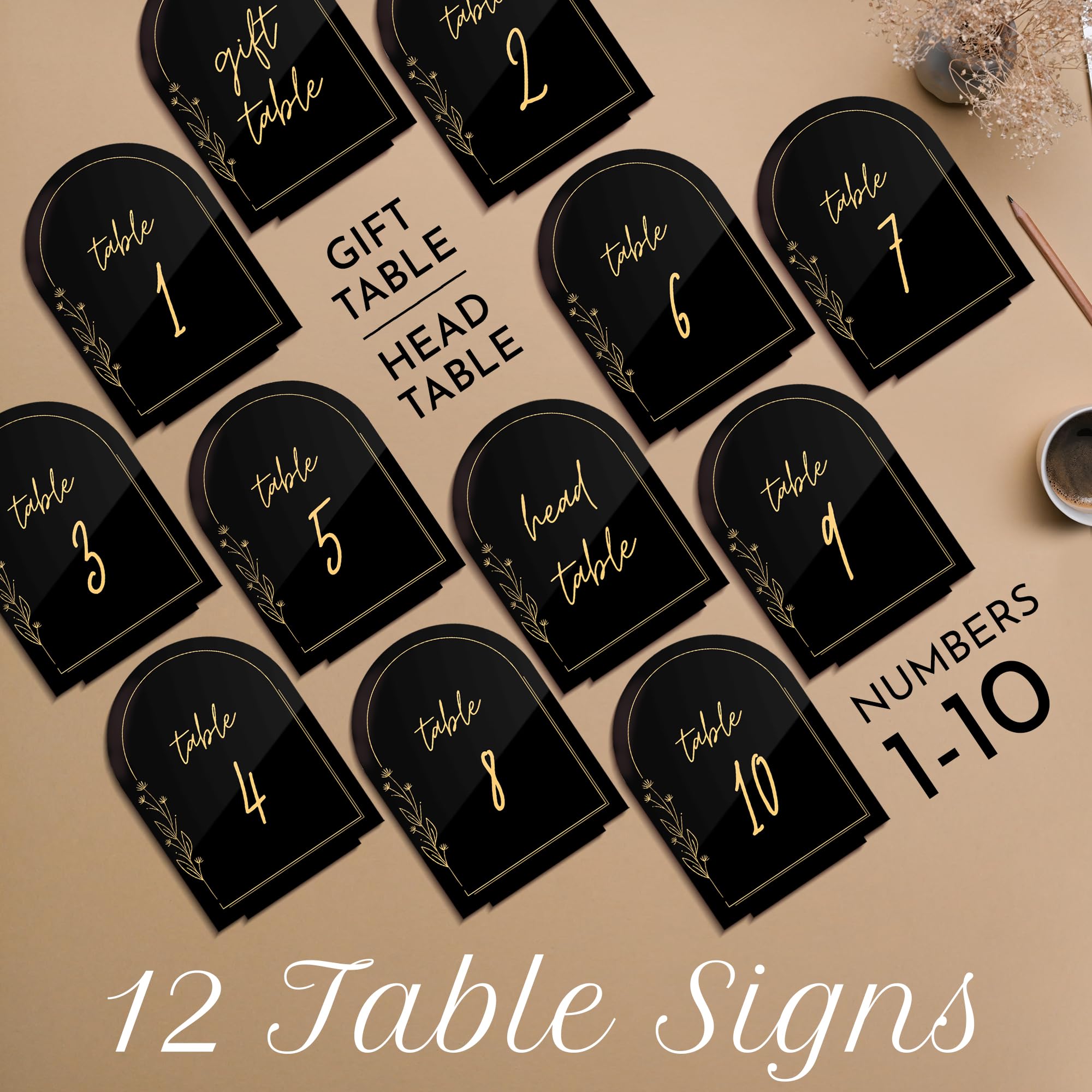 1-10 Black Arched Acrylic Wedding Table Numbers, Gold Print Acrylic Table Numbers for Wedding Reception with Head and Gift Table Number, Floral Gold Table Numbers, Gold Floral Design Table Numbers