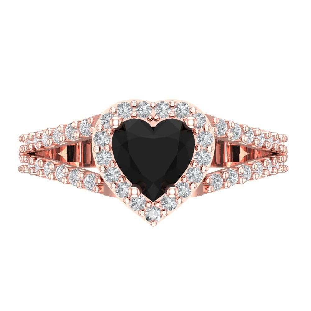 1.75 ct Heart Cut Solitaire Halo split shank Natural Black Onyx Engagement Promise Anniversary Bridal Ring 14k Rose Gold 8.5