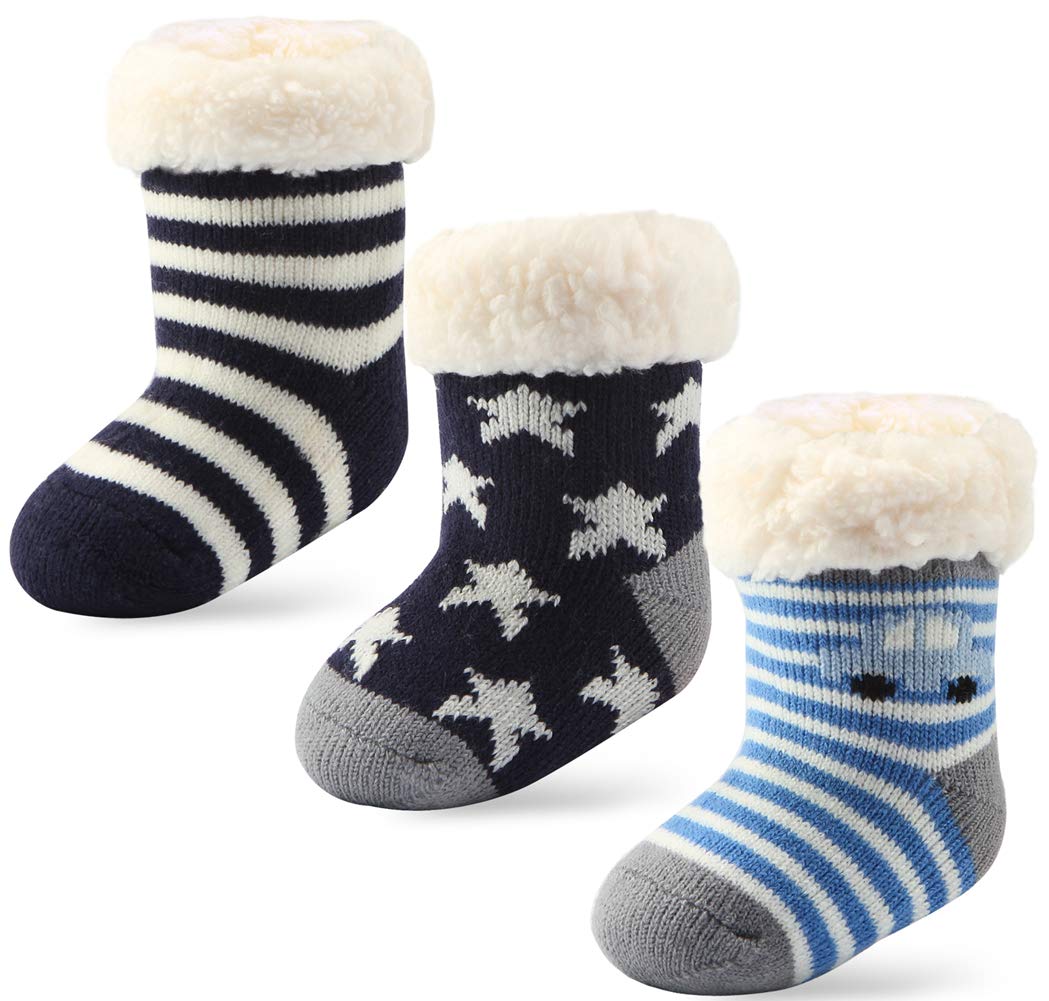 3 Pairs Toddler Girl Boy Sherpa-lined Fuzzy Socks Anti Skid with Grips, Baby Girl Boy Christmas Socks Kids Slipper Socks (1-2 years, 3 pairs boys)