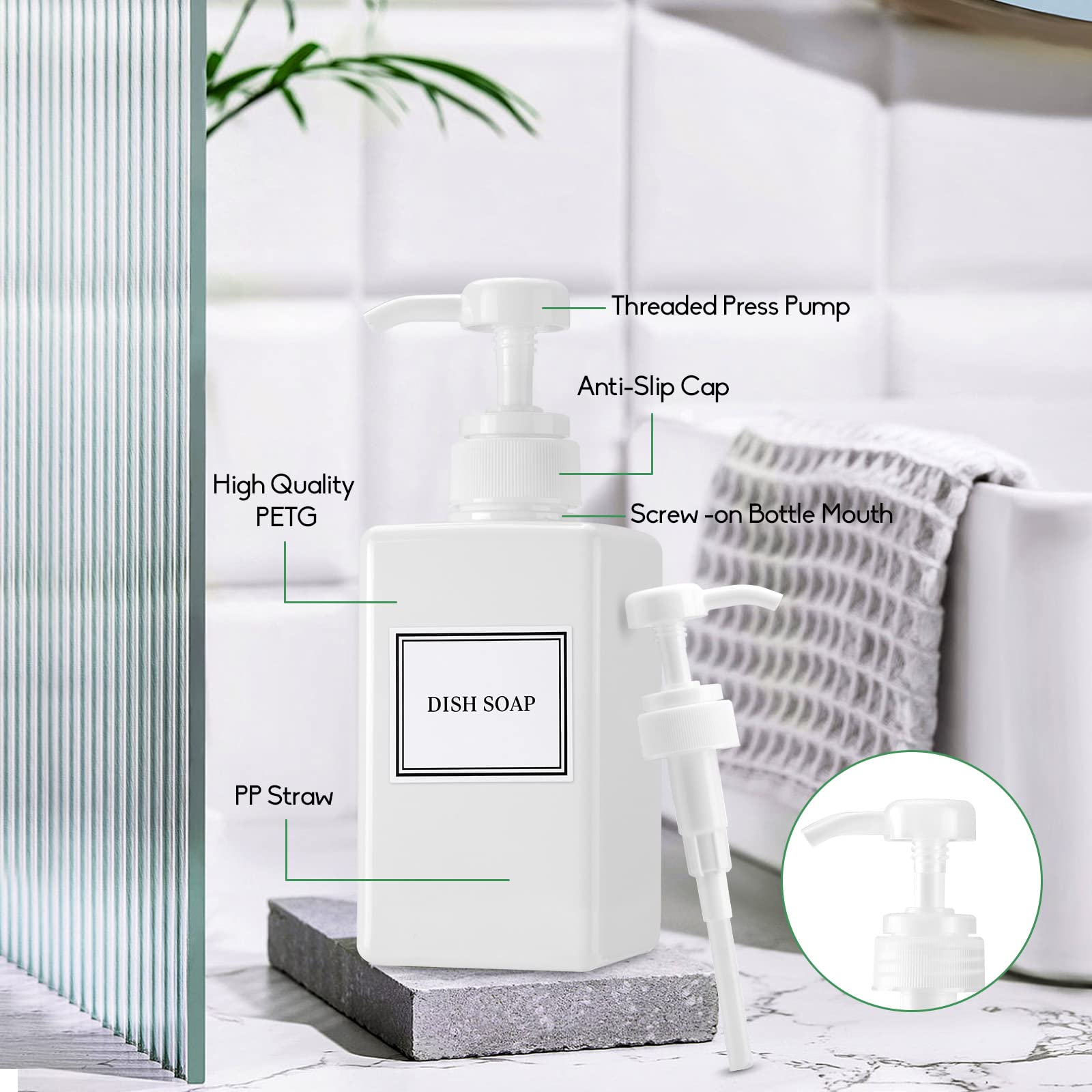 15oz Pump Dispenser for Bathroom, INSFIT Refillable Plastic Pump Bottles, Dish Soap Dispenser for Kitchen Sink, Hand Soap Dispenser, Laundry Detergent Dispenser with Waterproof Labels, 2 Pack White