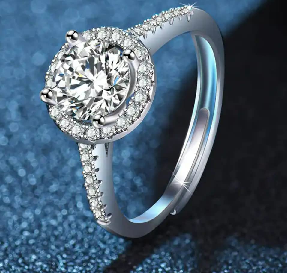 1-2Ct Moissanite Engagement Ring, 925 Sterling Silver, Adjustable Round Cut with Side Stones ring for Engagement and Wedding with Jewelry Box (adjustable)
