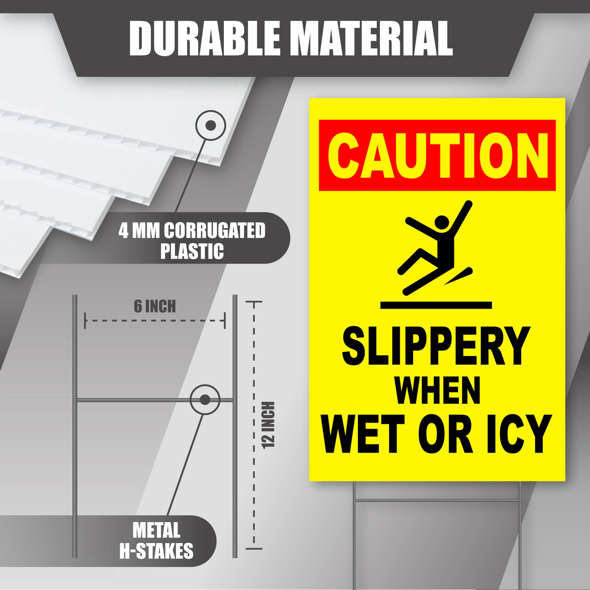 3 PC Caution Slippery When Wet Sign - 8 x 12 Double Sided Coroplast Wet Floor Signs - Watch Your Step Sign - Wet Floor Signs Commercial