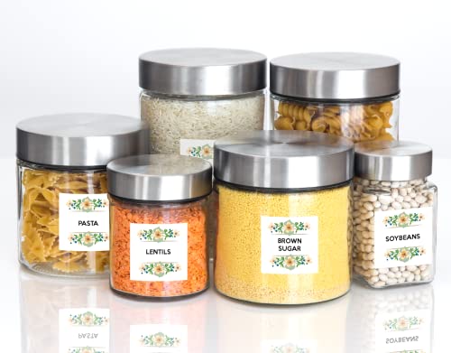 144 Pantry Labels for Food Storage Containers, Waterproof Printed on White Glossy Labels, Household Stickers + Numbers, Floral Kitchen, Water Resistant, Organization for Jars and Canister