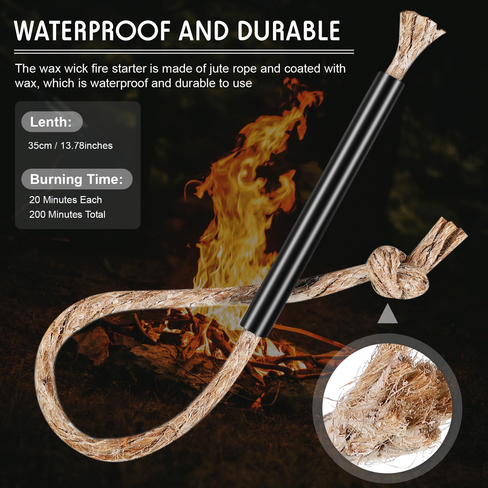 10 Pcs Tinder Fire Starter Rope with 10 Pcs Survival Wick Cord Tinder Aluminum Sleeve Tinder Tube Waterproof Wax Wick Fire Starter Accessory for Fire Starting Camping Hiking Trekking Outdoor Adventure