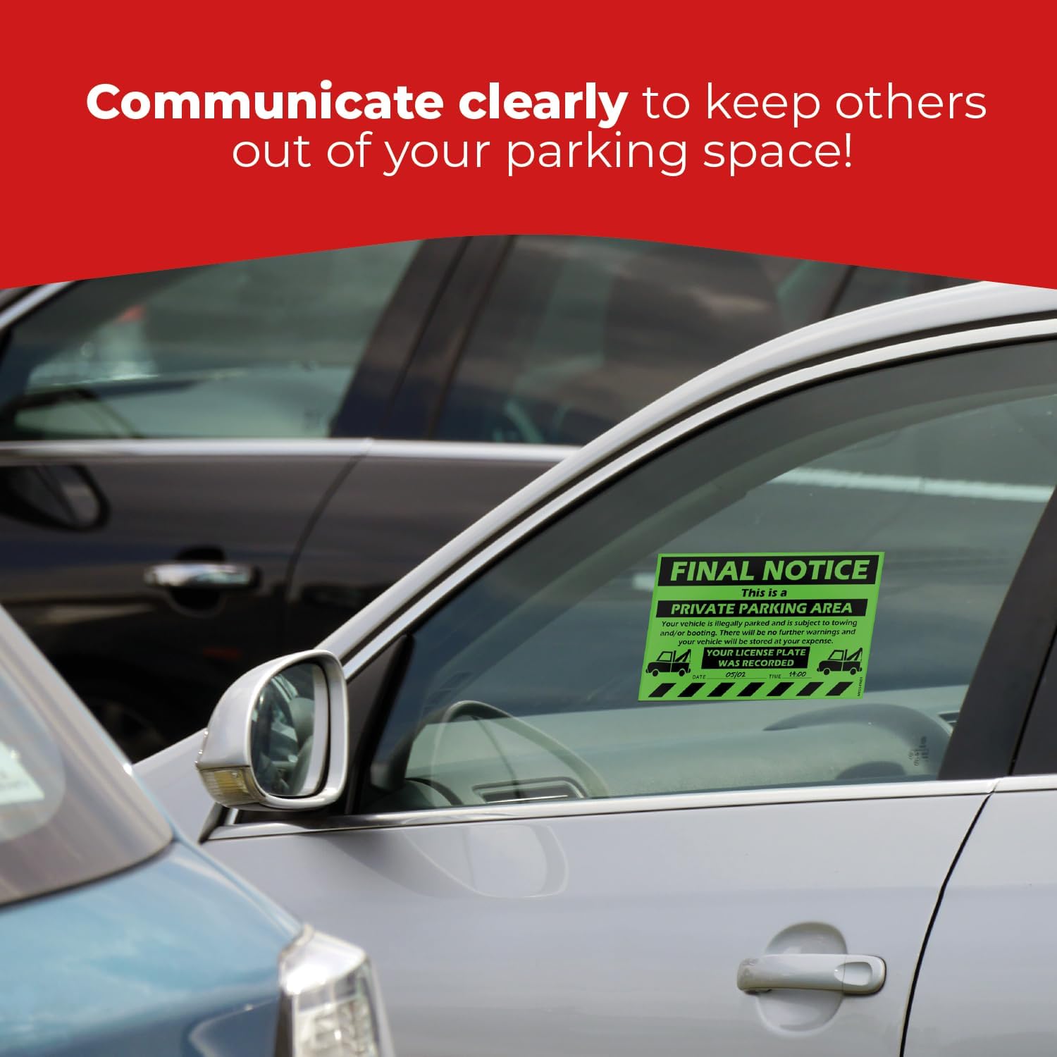 100 MESS Parking Violation Stickers Hard to Remove - No Parking Stickers - Bad Parking Stickers - Super Sticky Warning Stickers for Towing Parked Cars 8x5 in (Green Final Notice, 100)