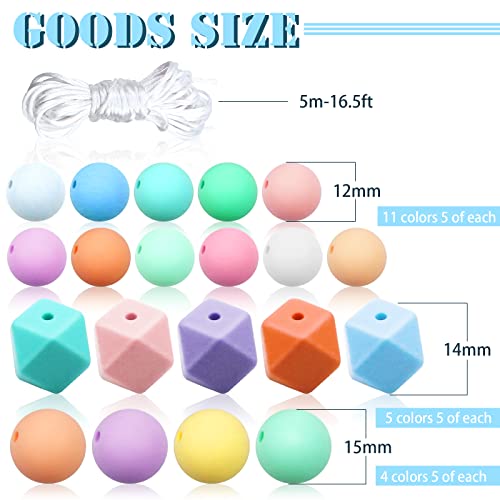 101 PCS Silicone Beads, Silicone Loose Beads for Keychain Making Round Rubber Beads Polygonal Silicone Beads Colorful Silicone Loose Pearl Beads with Rope for DIY Necklace Bracelet Jewelry Crafts