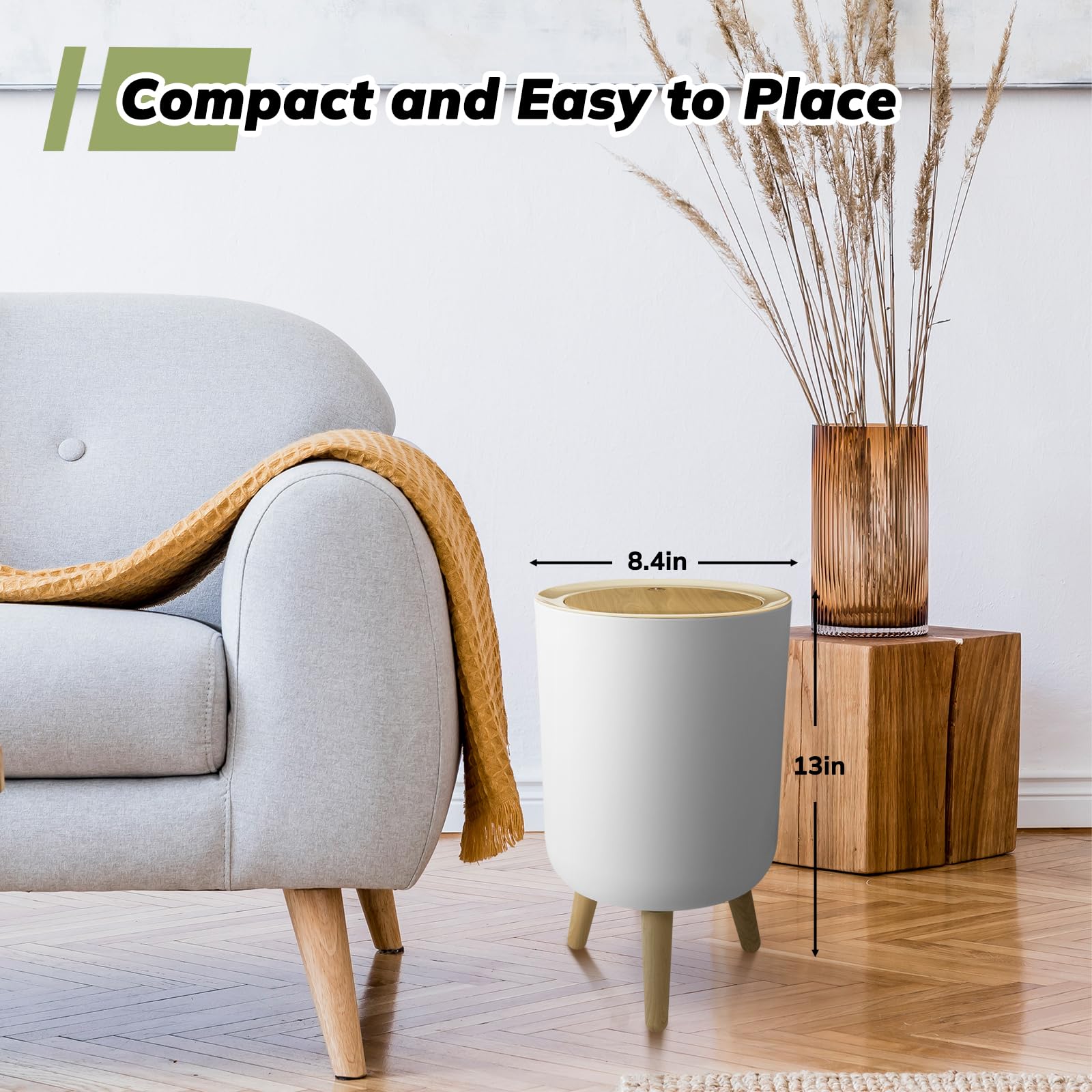 1.8 Gallon Kitchen Bathroom Trash Can with Lid, 7 Liter Small Modern Office Garbage Can with Pop-up Lid, Plastic Wastebasket Trash Bin for Dog Proof Trash Can, Toilet, Living Room, Bedroom - White