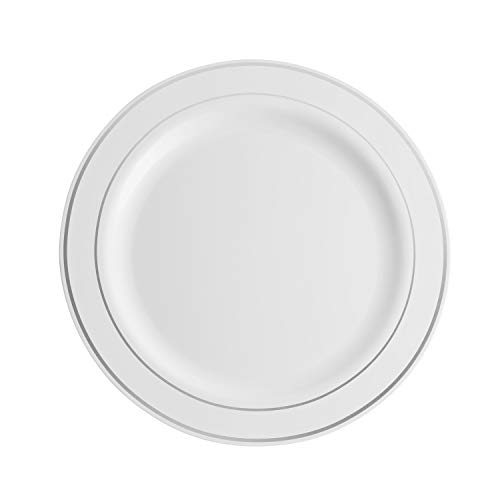 100 Piece Plastic Party Plates White Silver Rim, 50 Premium Heavy Duty 10.25 Inch Dinner and Disposable 7.5 Dessert Appetizer Elegant Fancy Wedding