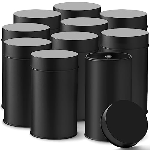 10 packs Tea Tin Canister Tea Tins for Loose Tea Metal Coffee container for ground Coffee Tea Canister 16 oz Round Tin Can with Airtight Double Lids Canister for Kitchen Storage(Black)